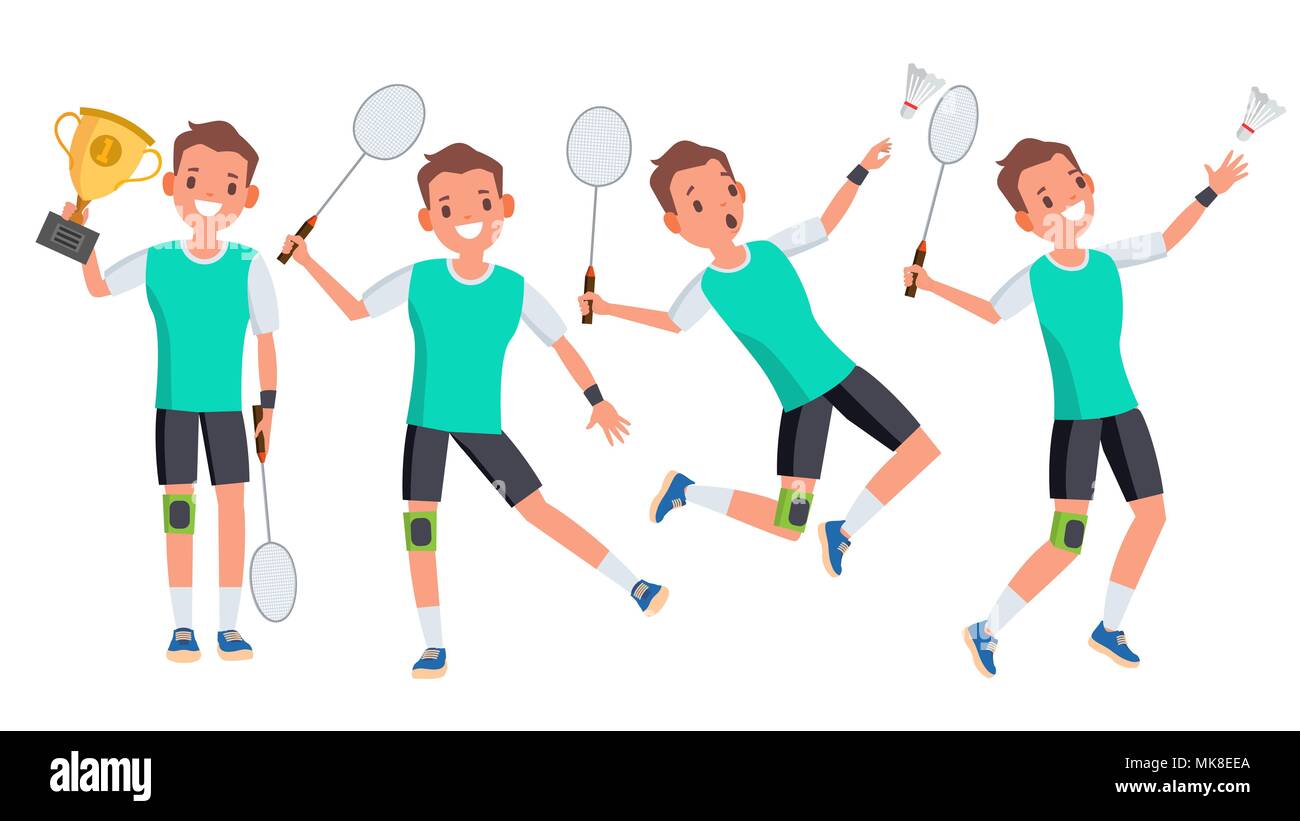 Badminton Male Player Vector. Playing In Different Poses. Man Athlete ...
