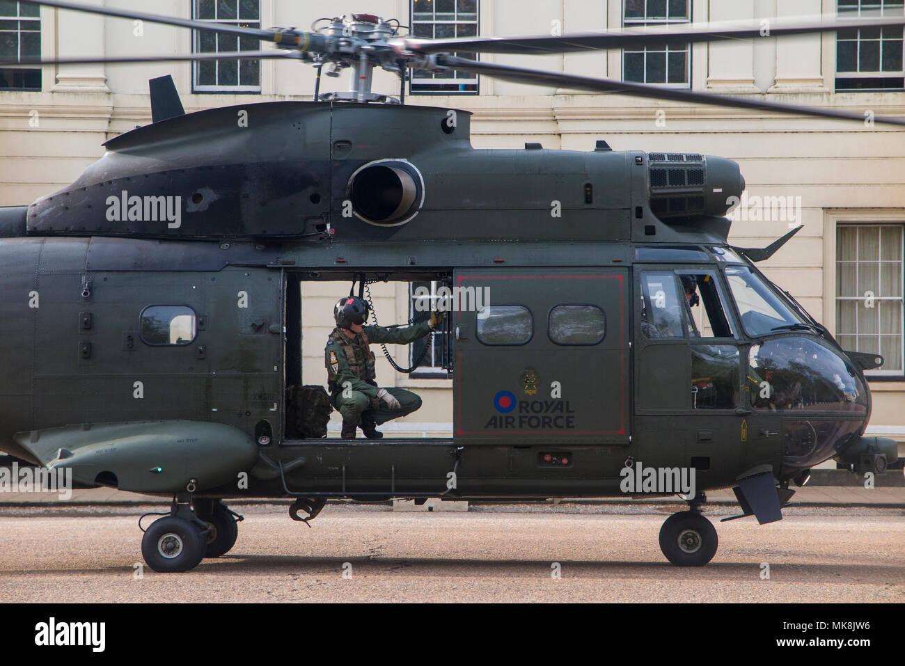 An RAF Puma helicopter preparing for takeoff at Wellington barracks in ...