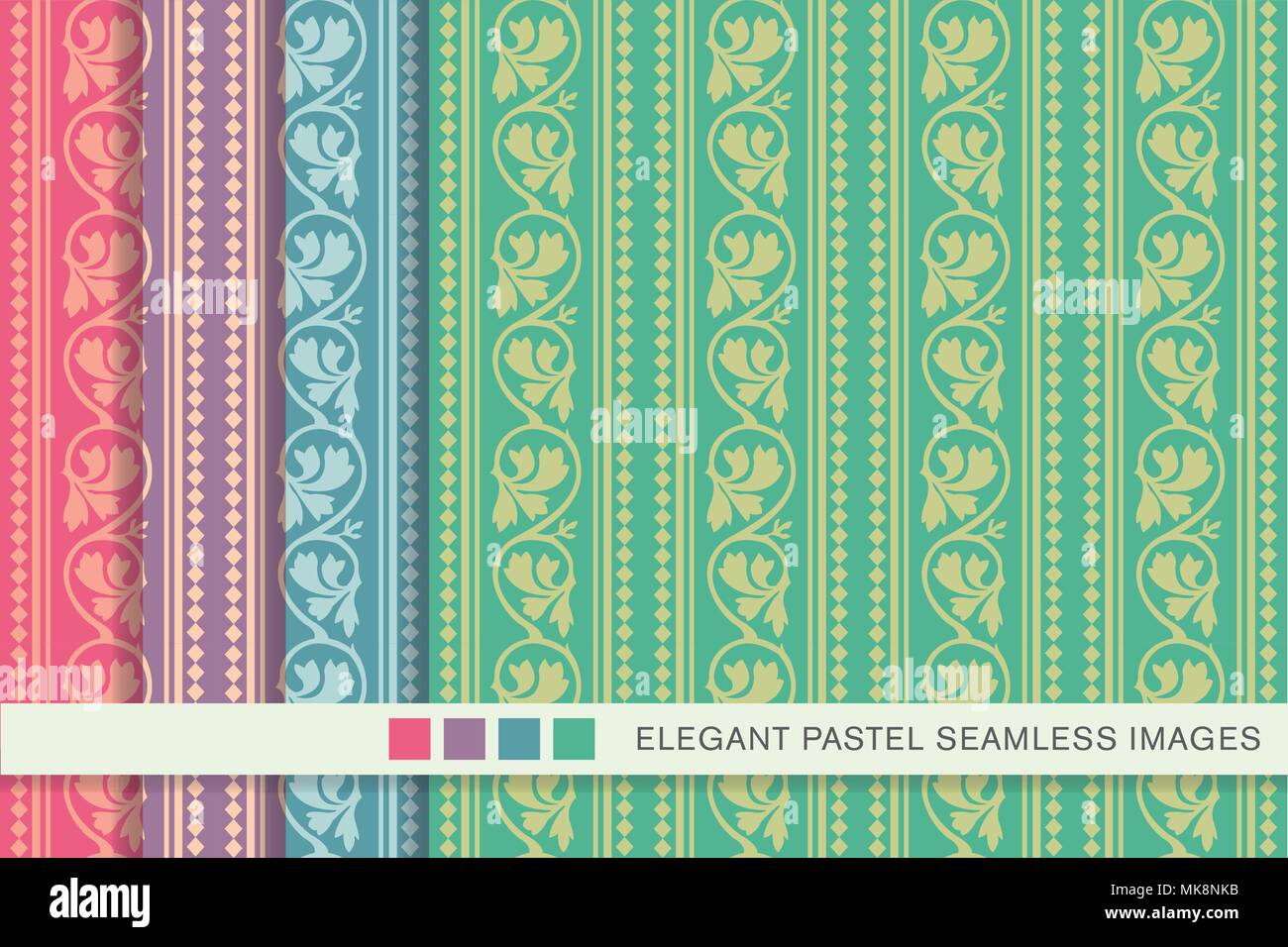 Seamless pastel background set Curve Spiral Vine Plant Leaf Check Cross ...