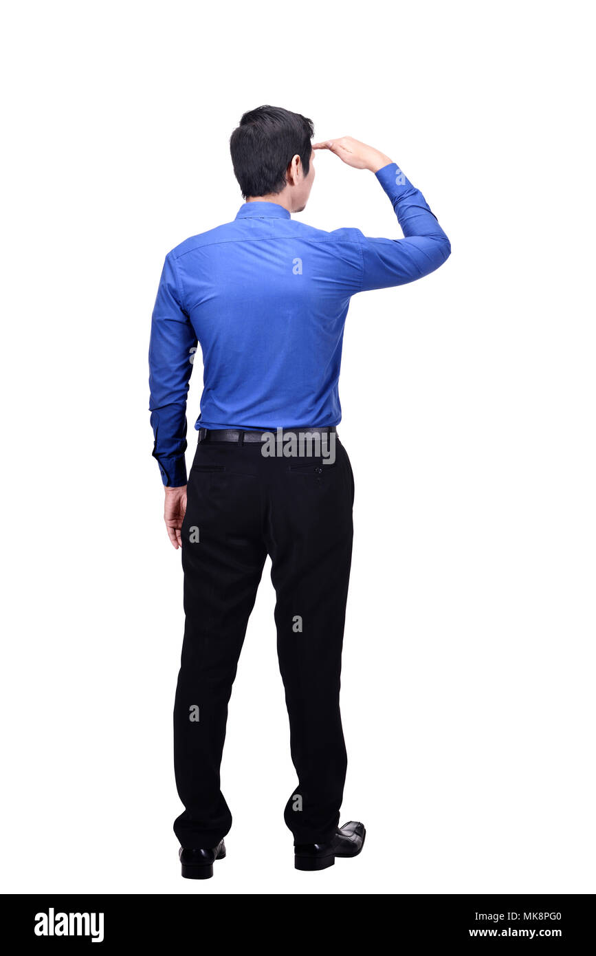 Portrait of asian businessman looking up something standing isolated ...