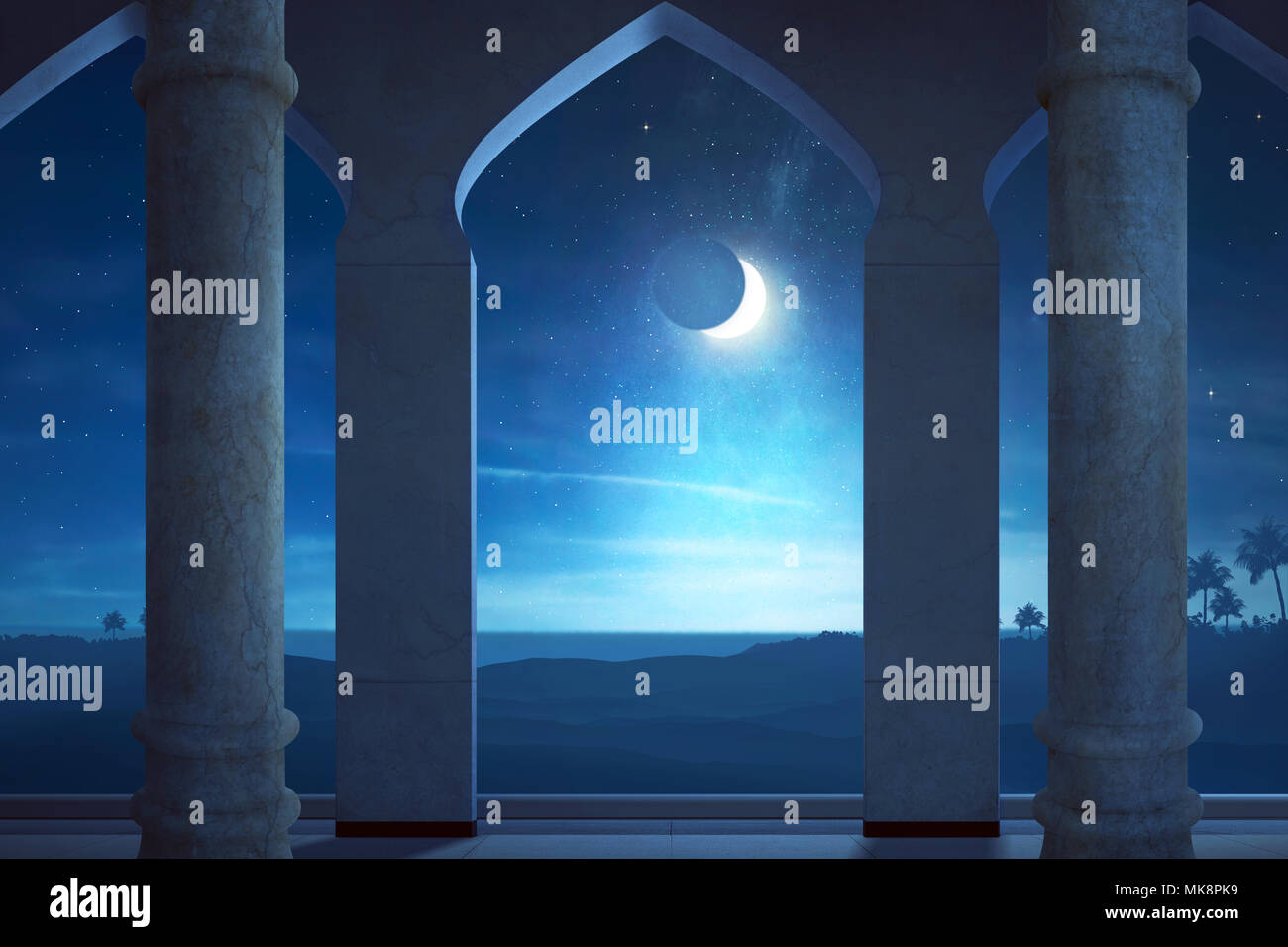View of night scene with moonlight from mosque terrace Stock Photo - Alamy