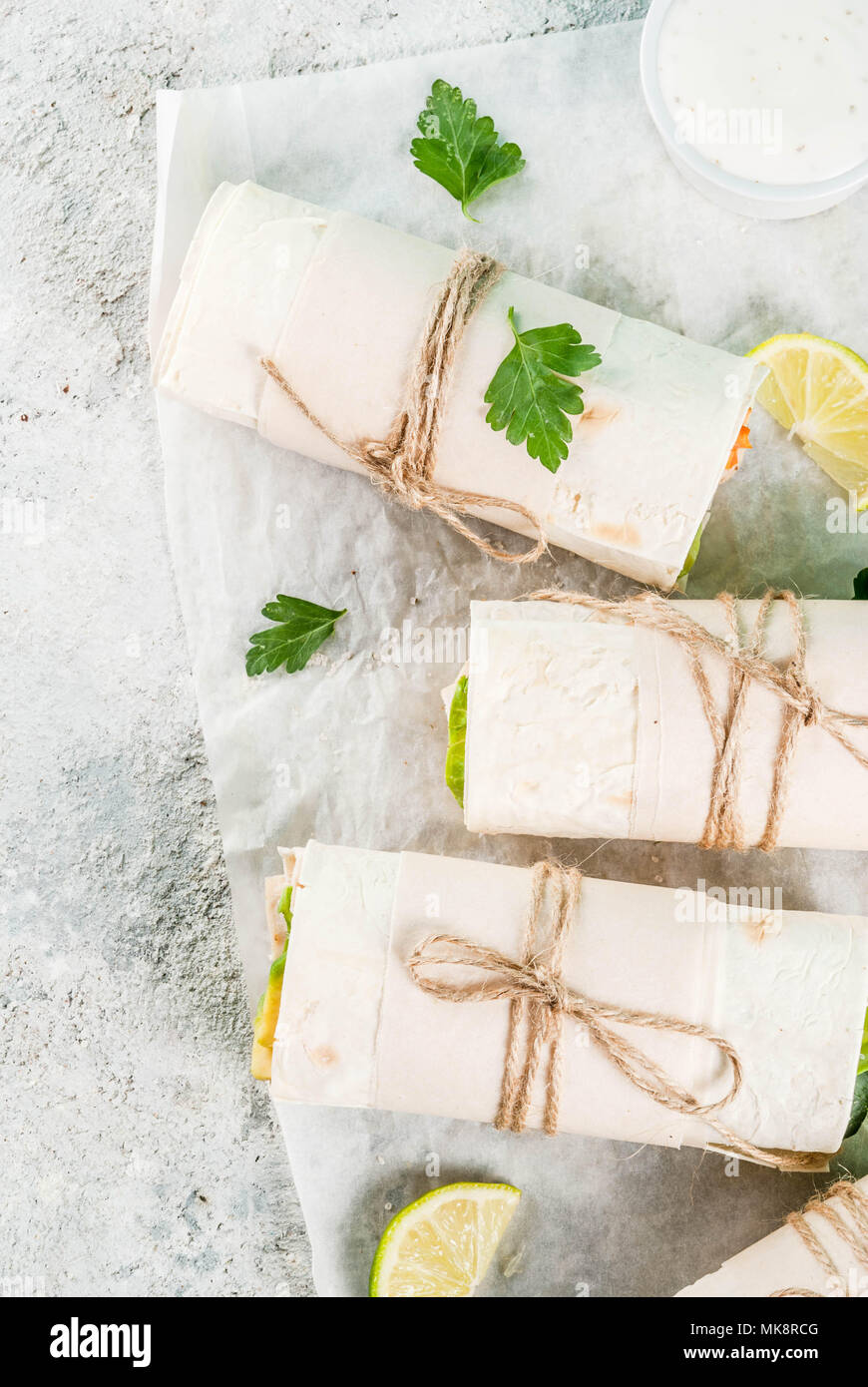 Healthy lunch snack. Stack of mexican street food fajita tortilla wraps ...