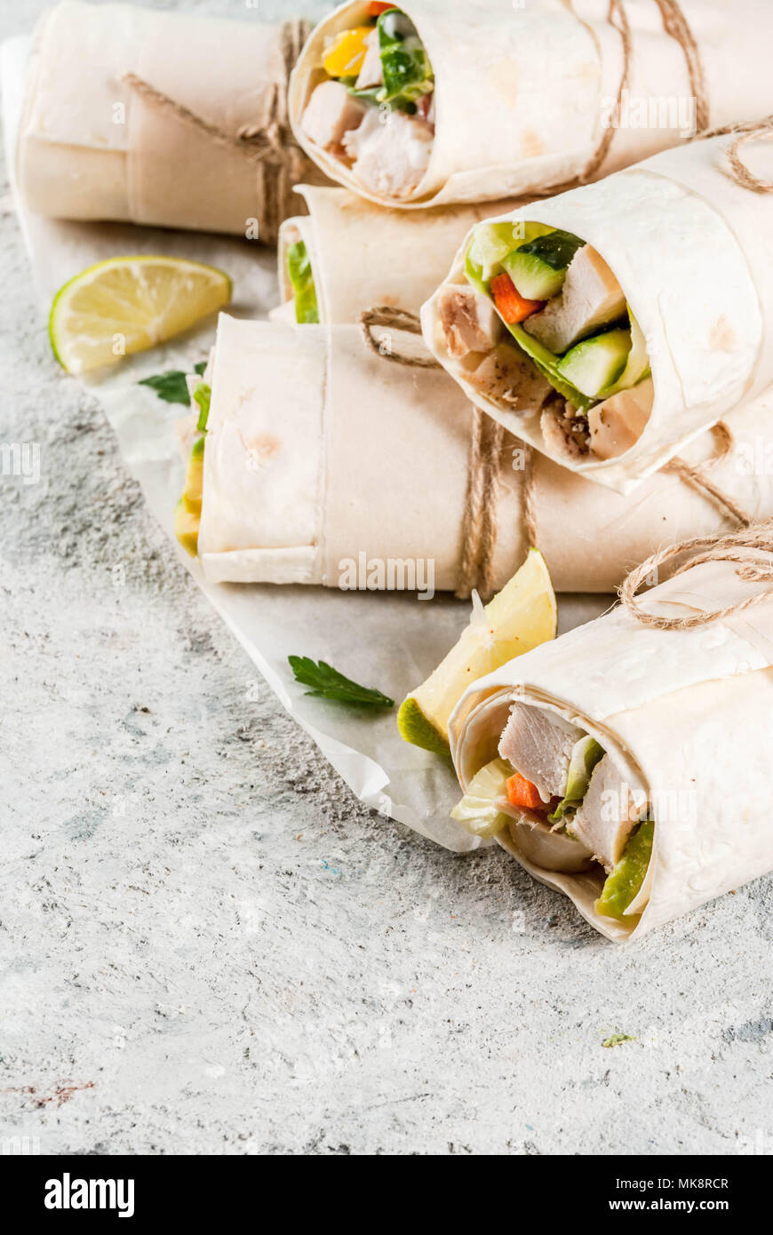 Healthy lunch snack. Stack of mexican street food fajita tortilla wraps ...