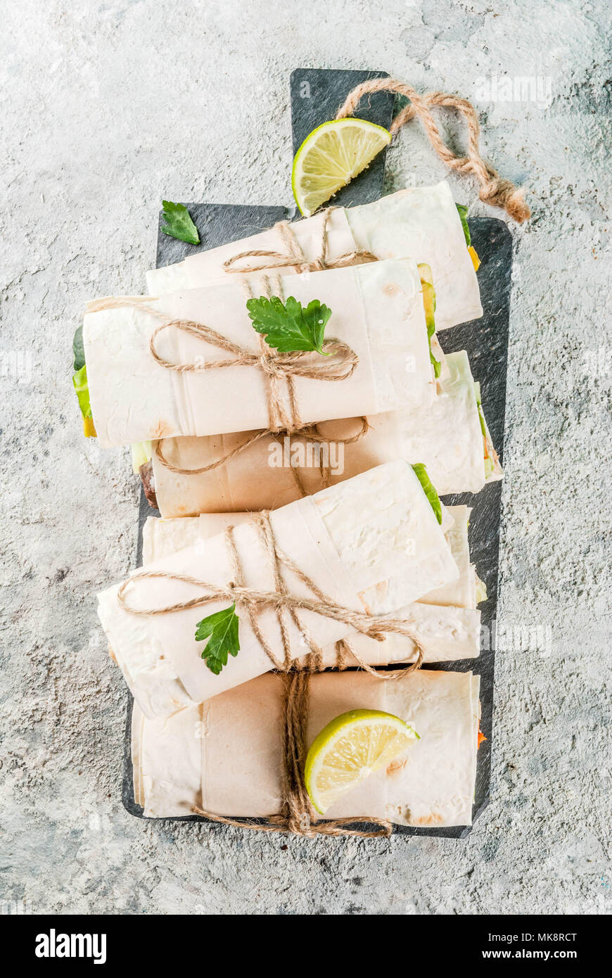 Healthy lunch snack. Stack of mexican street food fajita tortilla wraps ...
