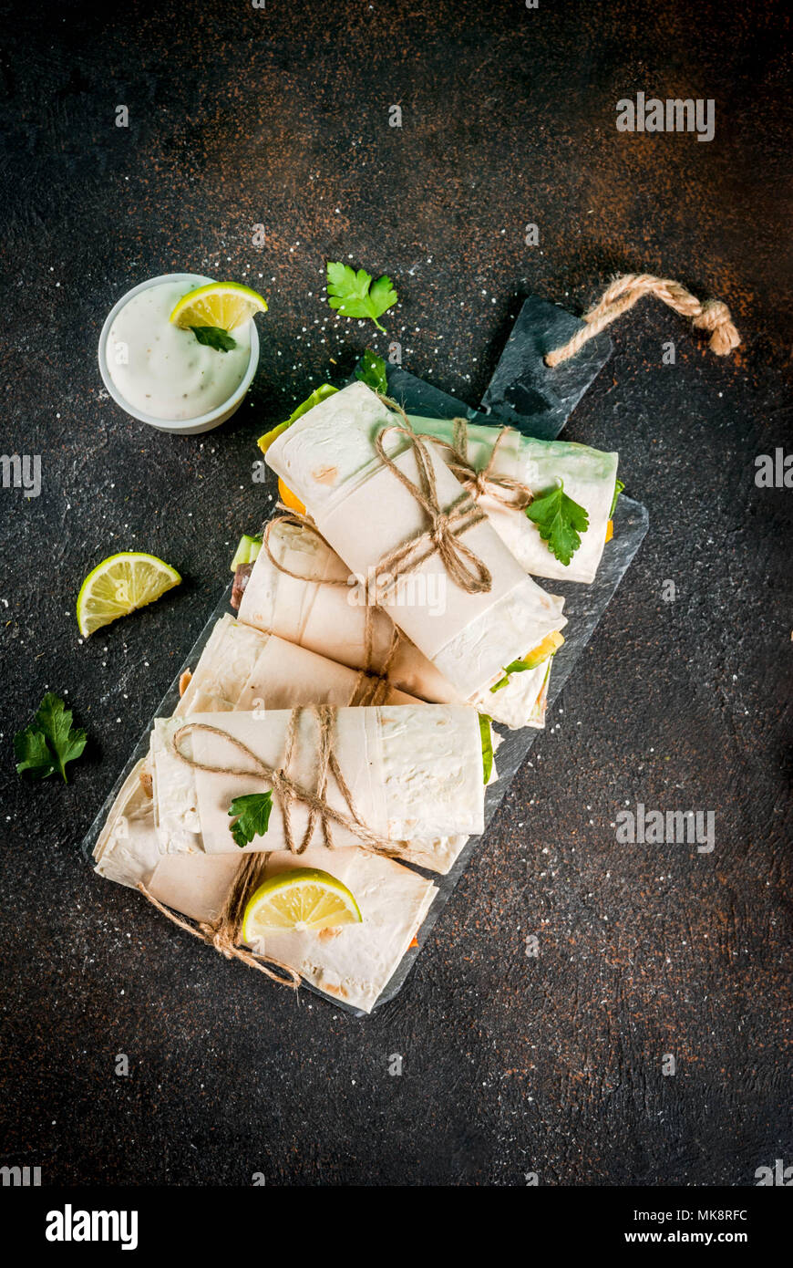 Healthy lunch snack. Stack of mexican street food fajita tortilla wraps ...