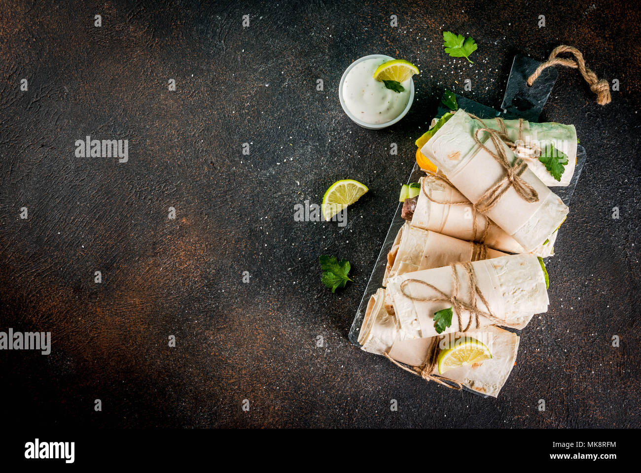 Healthy lunch snack. Stack of mexican street food fajita tortilla wraps ...