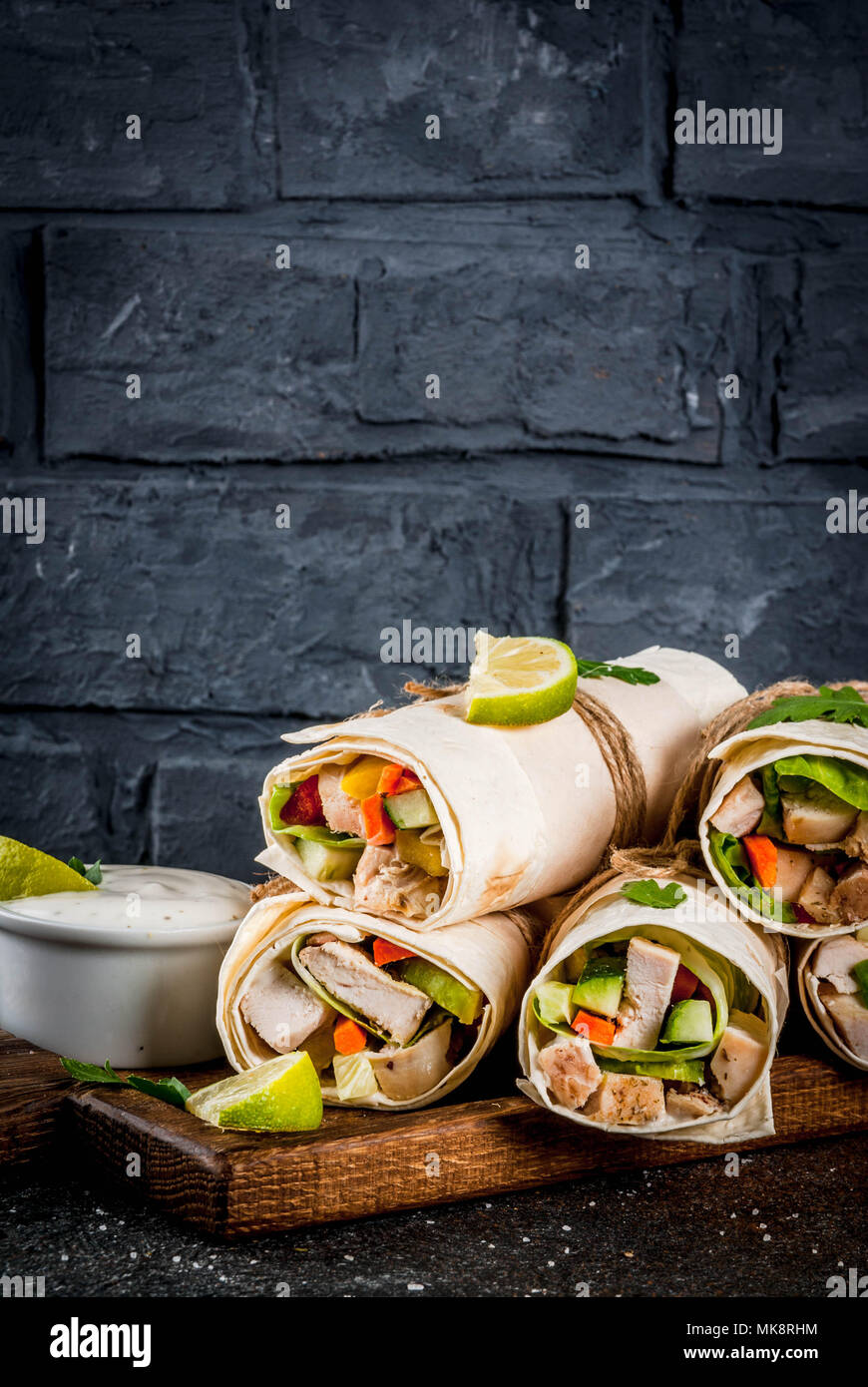 Healthy lunch snack. Stack of mexican street food fajita tortilla wraps ...