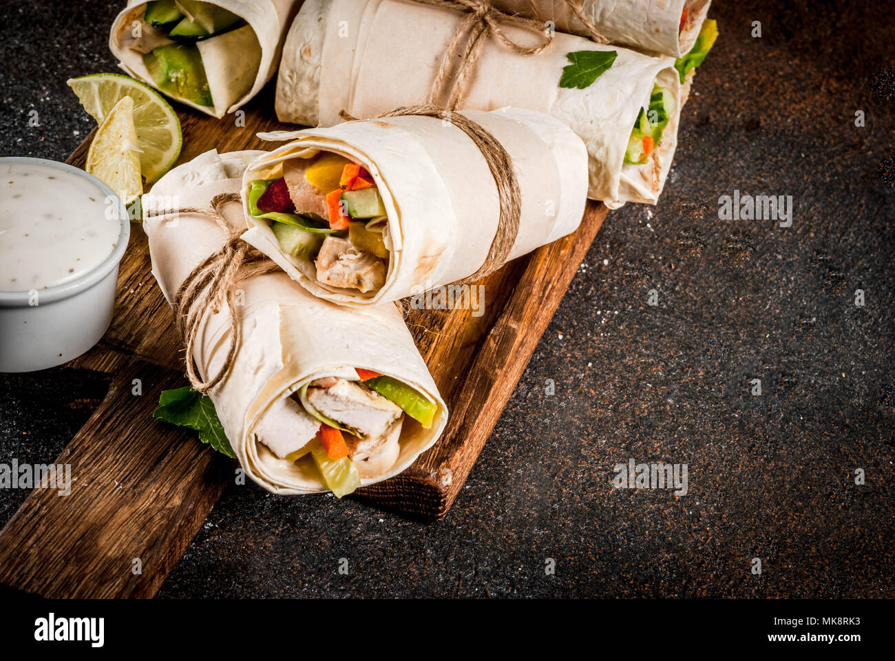 Healthy lunch snack. Stack of mexican street food fajita tortilla wraps ...