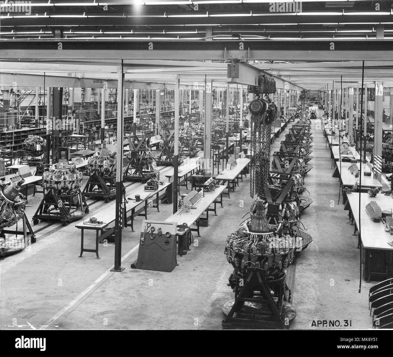 Rows of Wright R3350 radial engines undergoing overhaul in 1946 by the ...