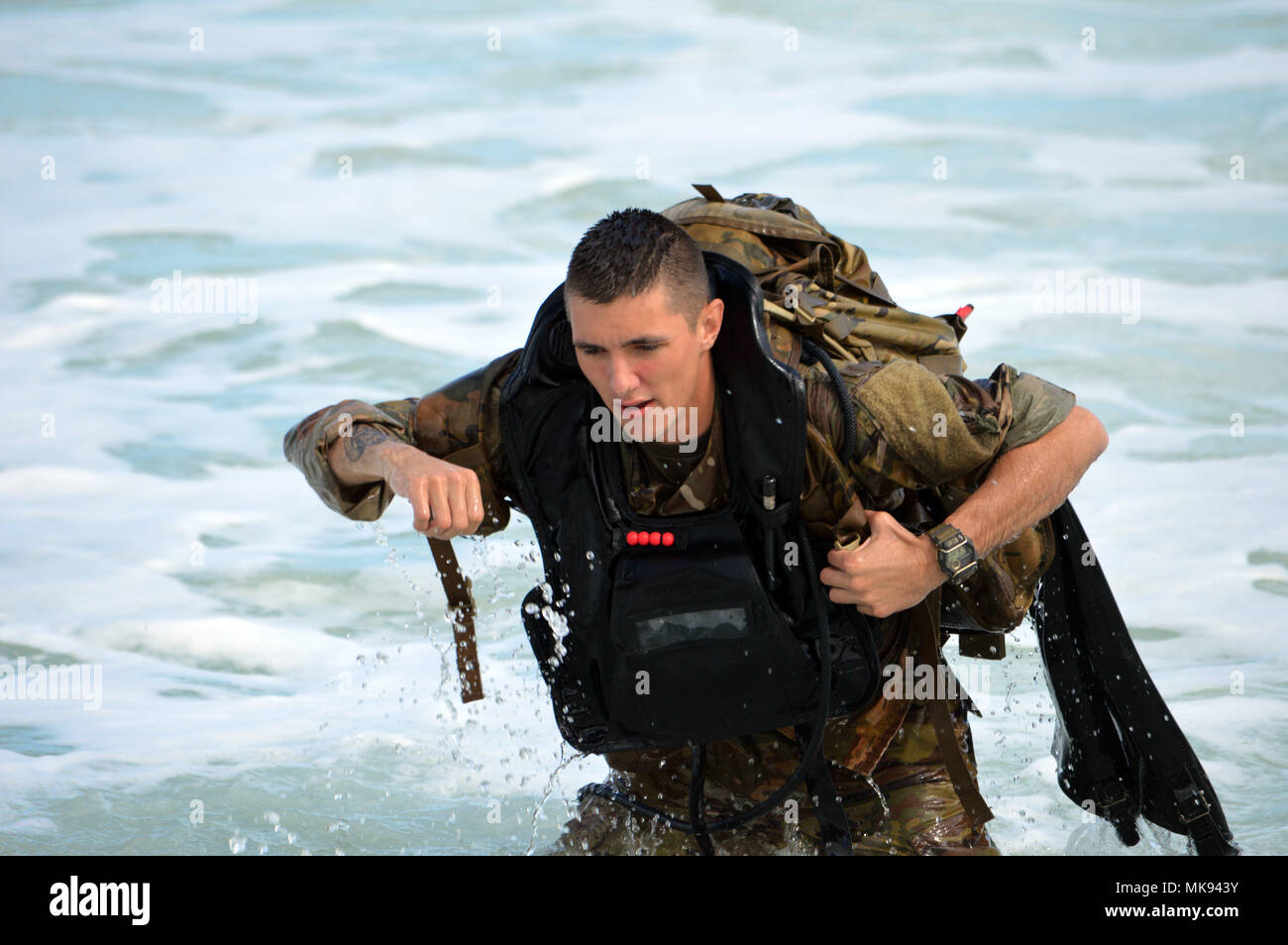 A scout swimmer assigned to the 3rd Squadron, 4th Cavalry Regiment, 3rd ...