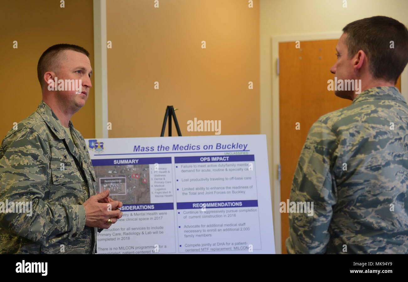 Col. Matthew Hanson, 460th Medical Group commander, briefs the Mass the ...