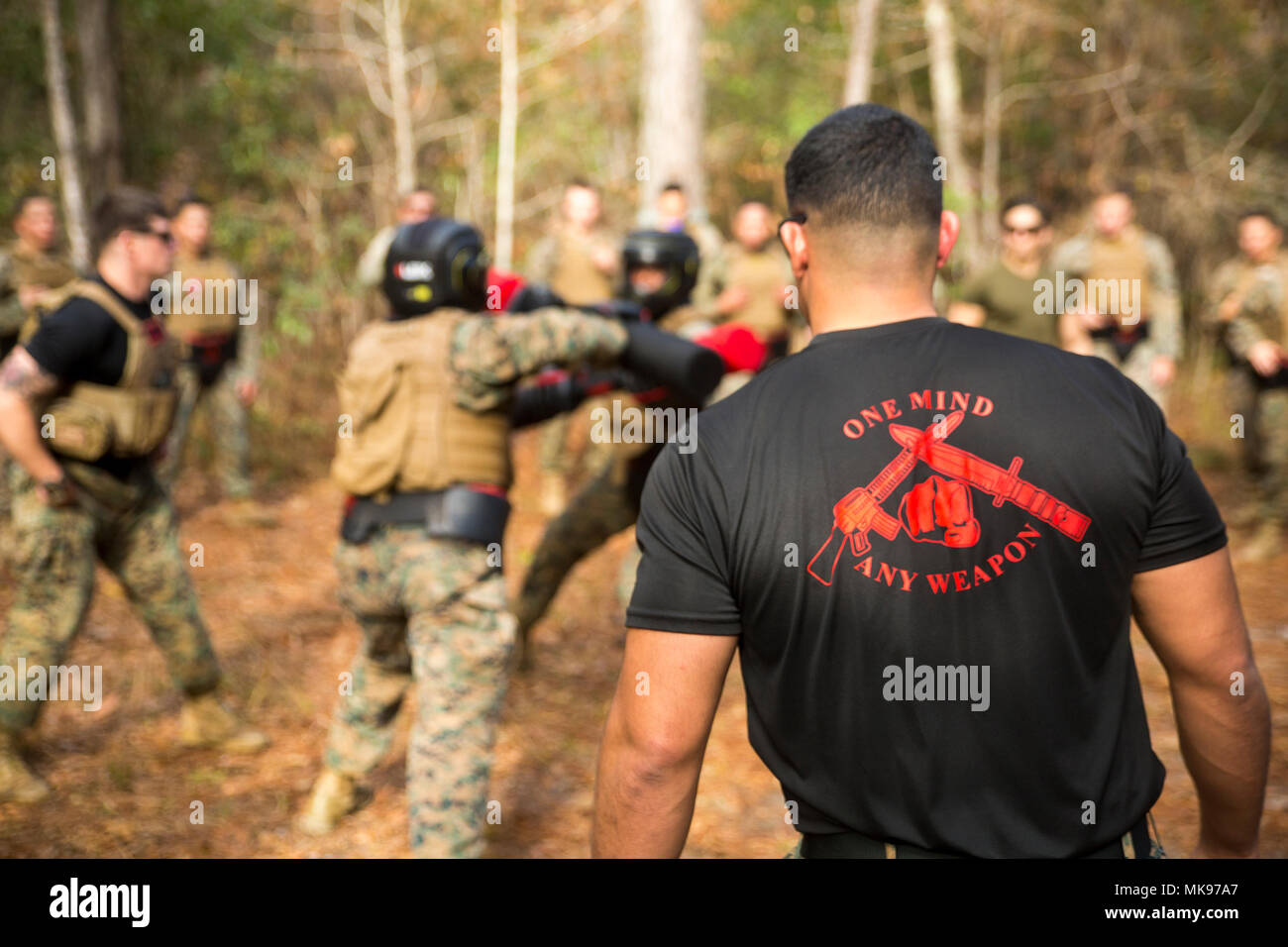 A Marine Corps Martial Arts Instructor observes Marines fighting one ...