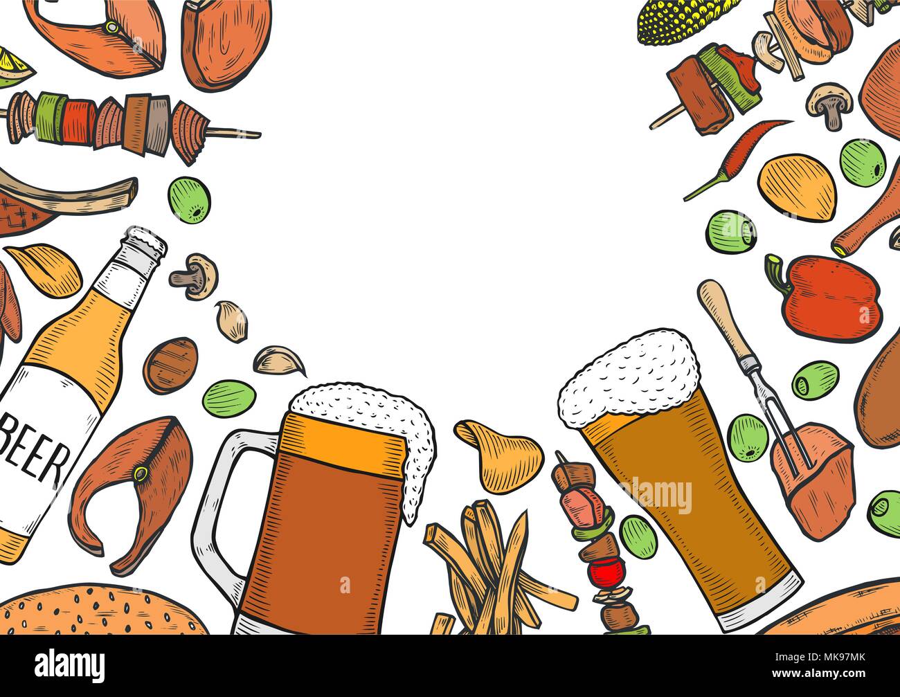 Hand drawn colored Grill and beer menu design template. Vector ...