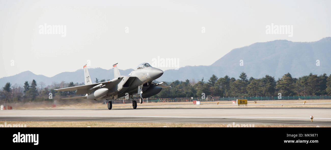 A F-15 from Kadena Air Base, Japan, touches down at Gwangju Air Base ...