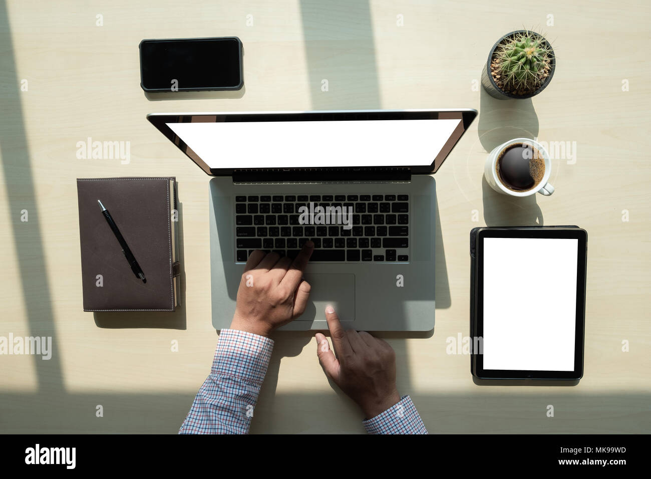 Overhead View top view man Working Desk Concept Stock Photo - Alamy