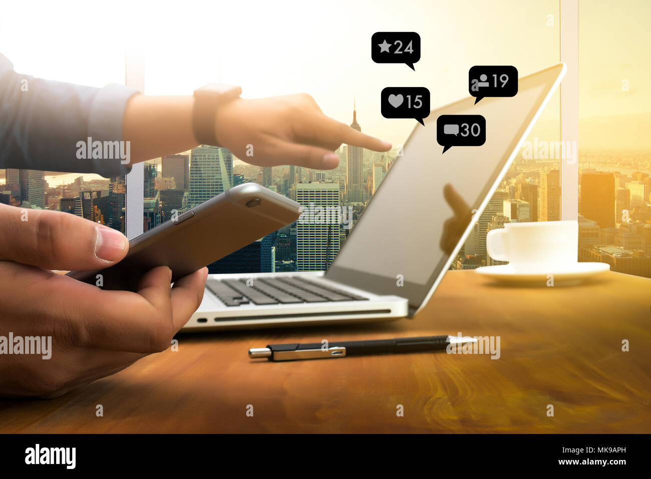 Contact us sms media man use smart phone social media network pop notification icons Stock Photo ...