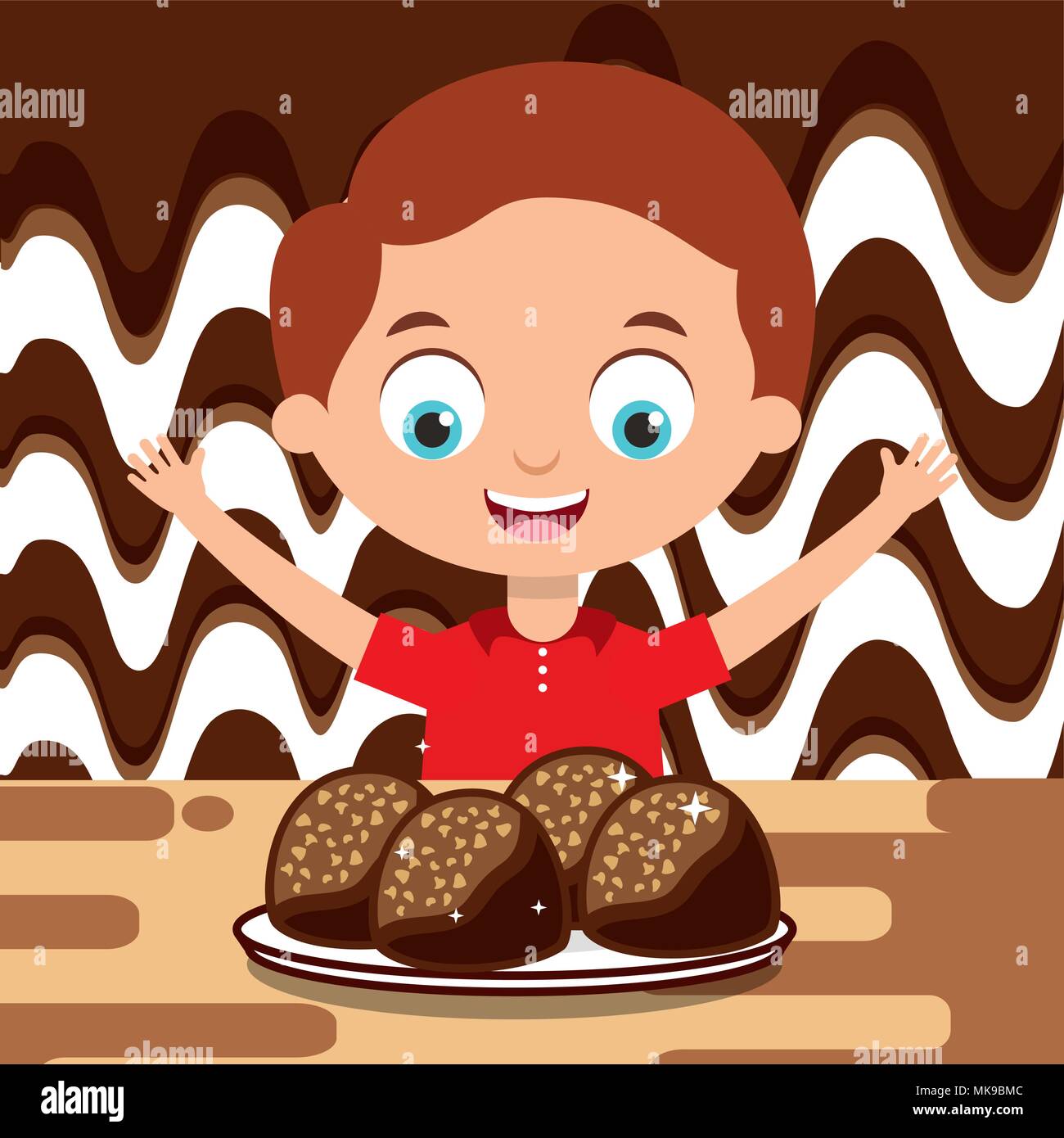 boy with chocolate candies dessert melted vector illustration Stock ...