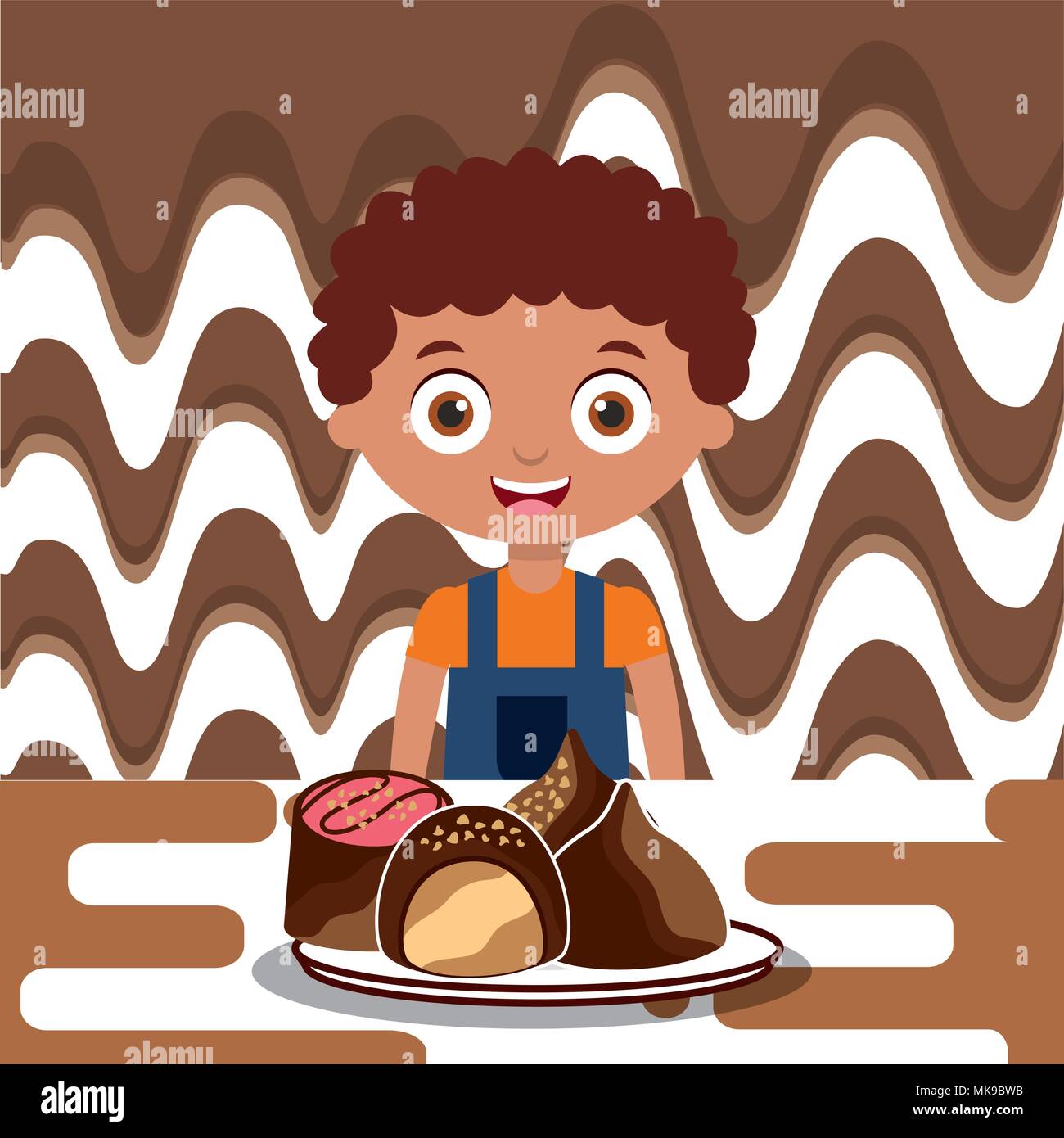 boy with sweet chocolate candies dessert melted vector illustration ...