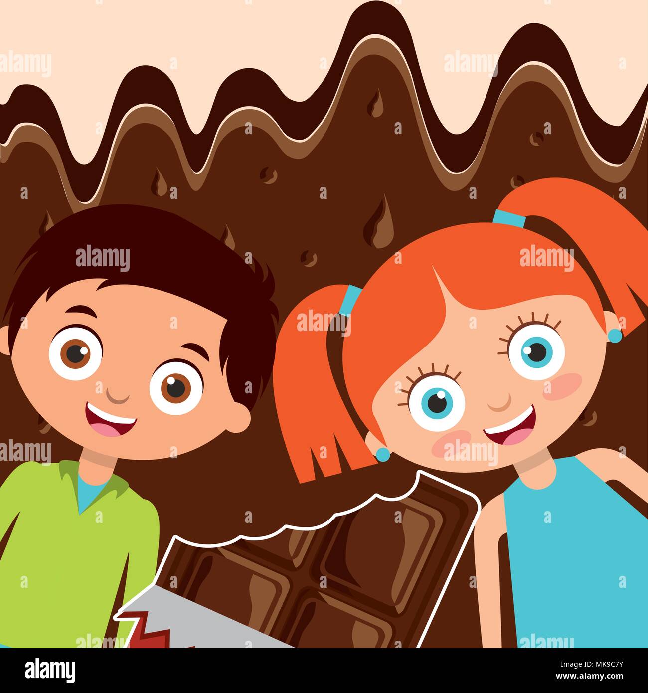 kids with sweet bite chocolate bar and melted background vector ...