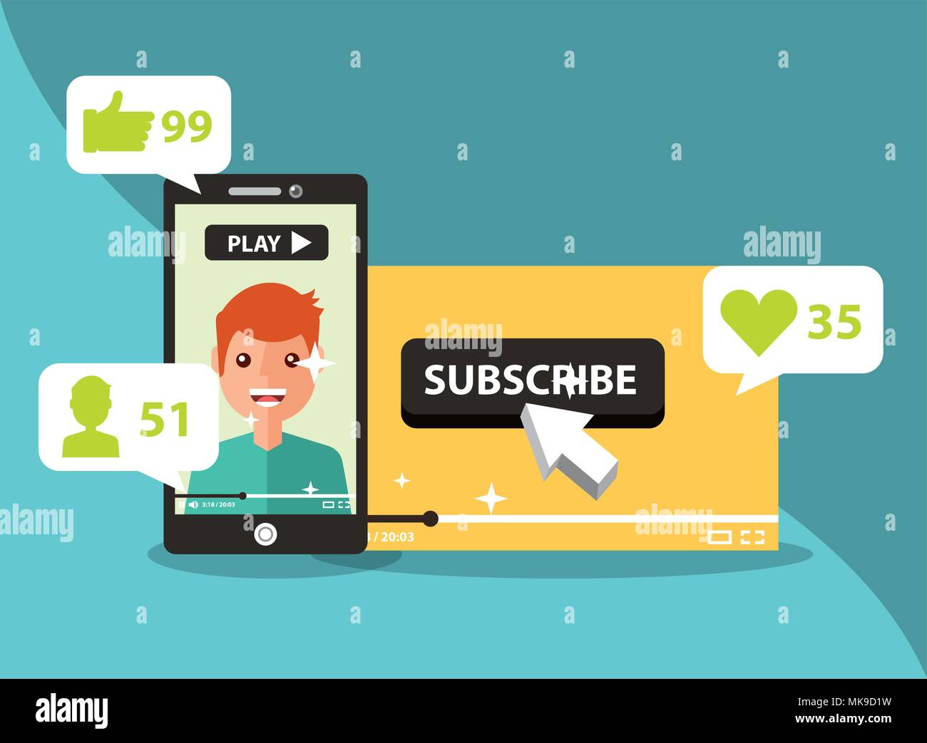 smartphone with man on screen subscribe popular channel Stock Vector ...