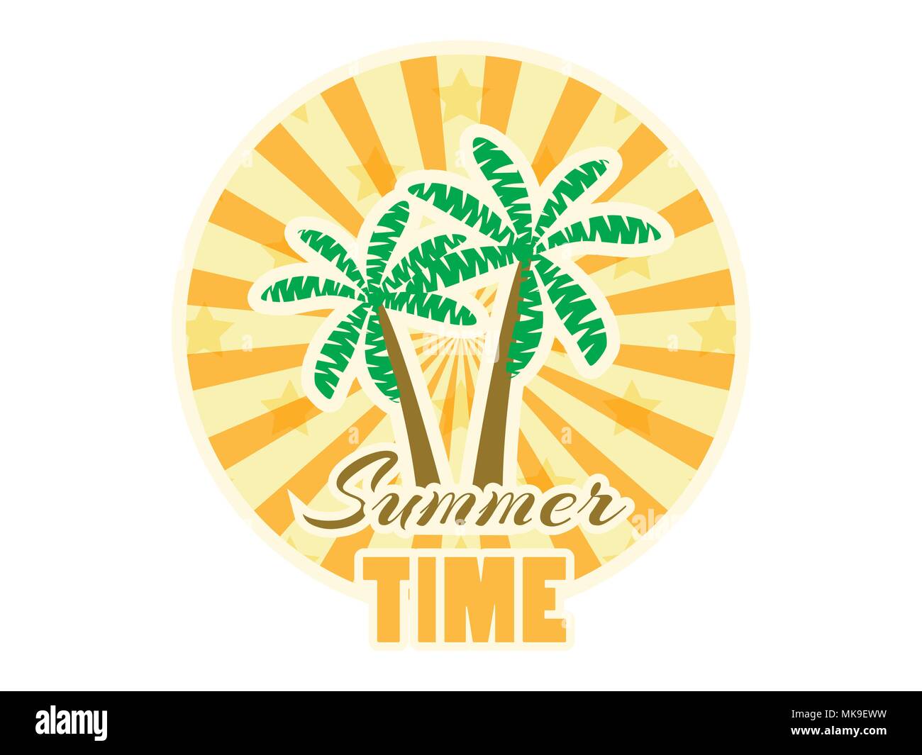 Palm trees sticker with rays. Summer time. Typography design. Vector ...
