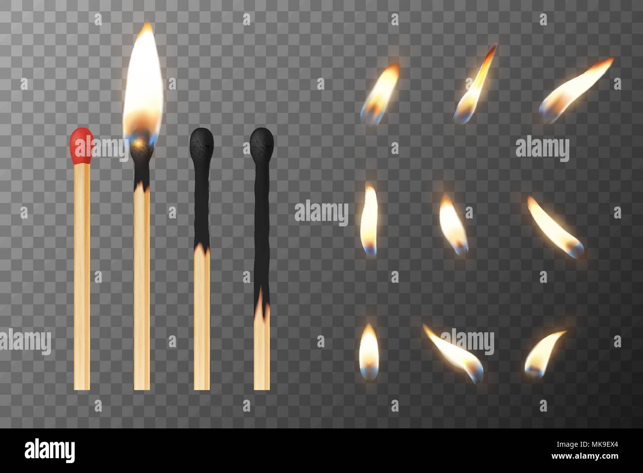 Vector 3d realistic match stick and different flame icon set, closeup ...