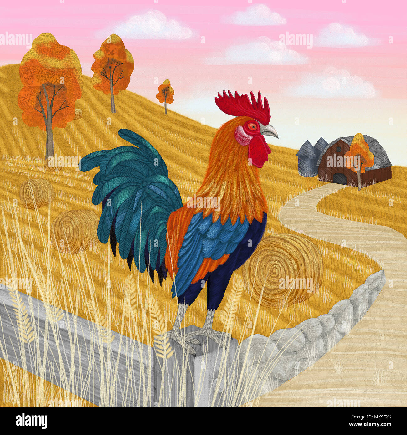 An illustration of a rooster sat on a fence post at the entrance to a ...
