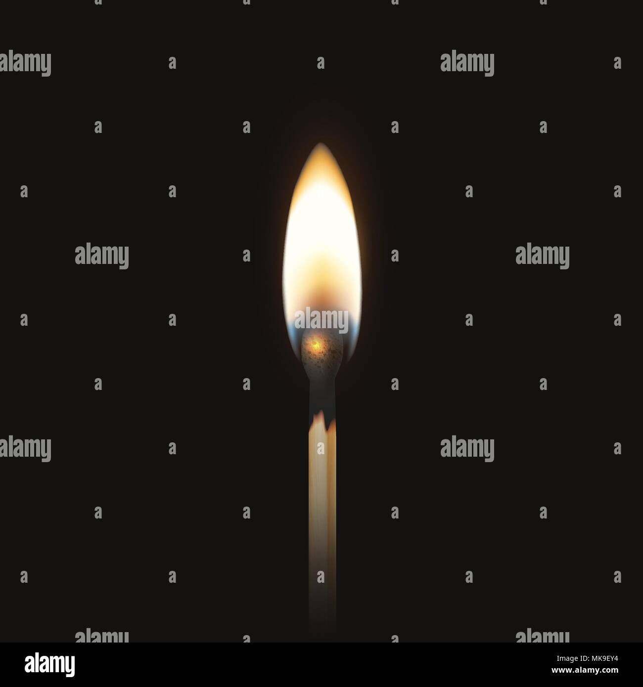Vector 3d realistic burning match stick icon closeup on dark background ...