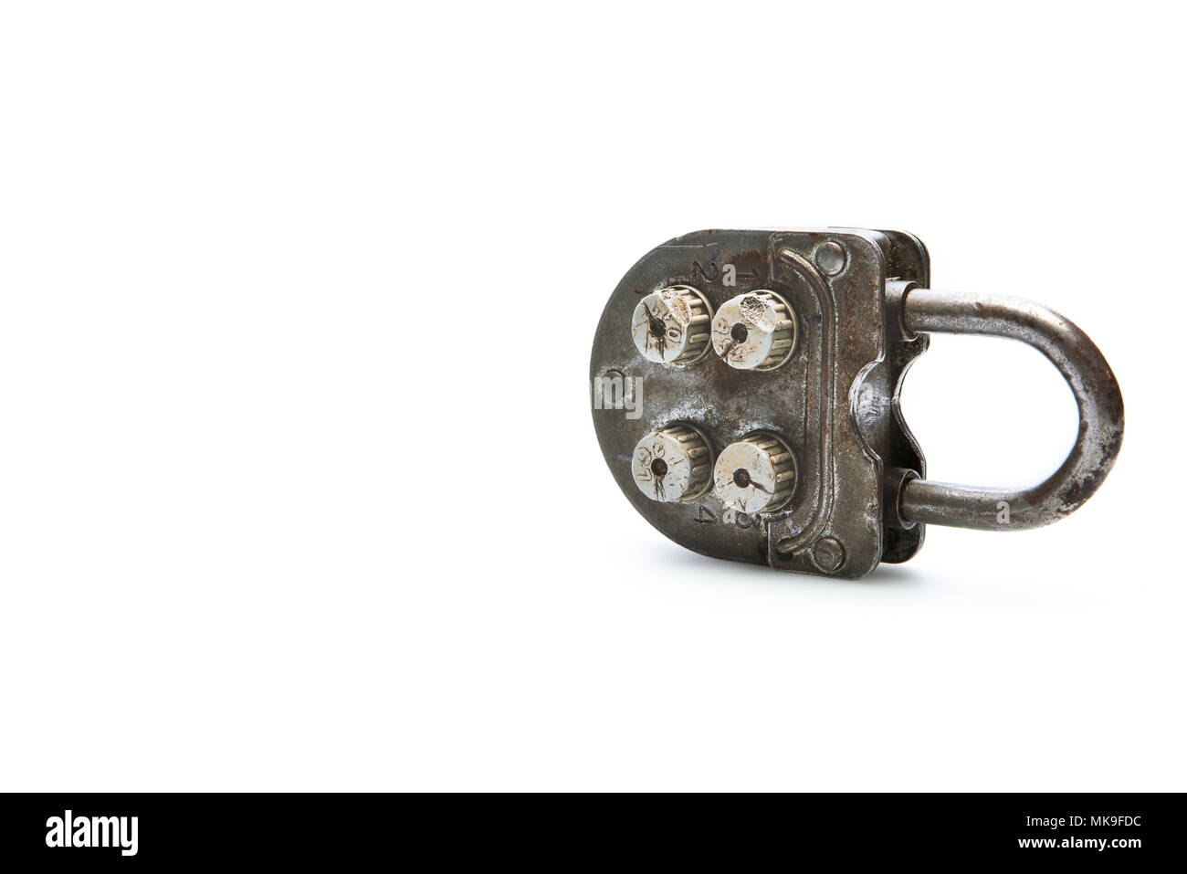 Old padlock with secured by code, isolated on white background with ...
