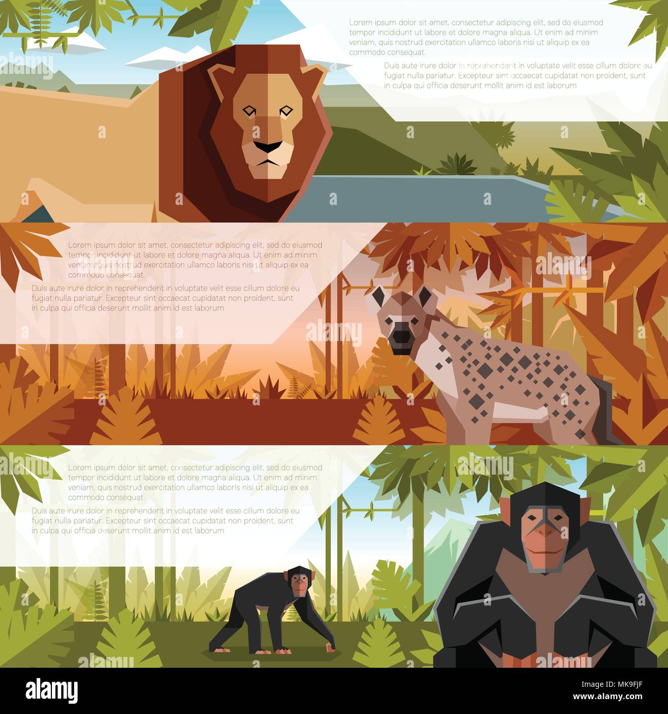 Vector image of the Set of flat banners with african animals Lion ...