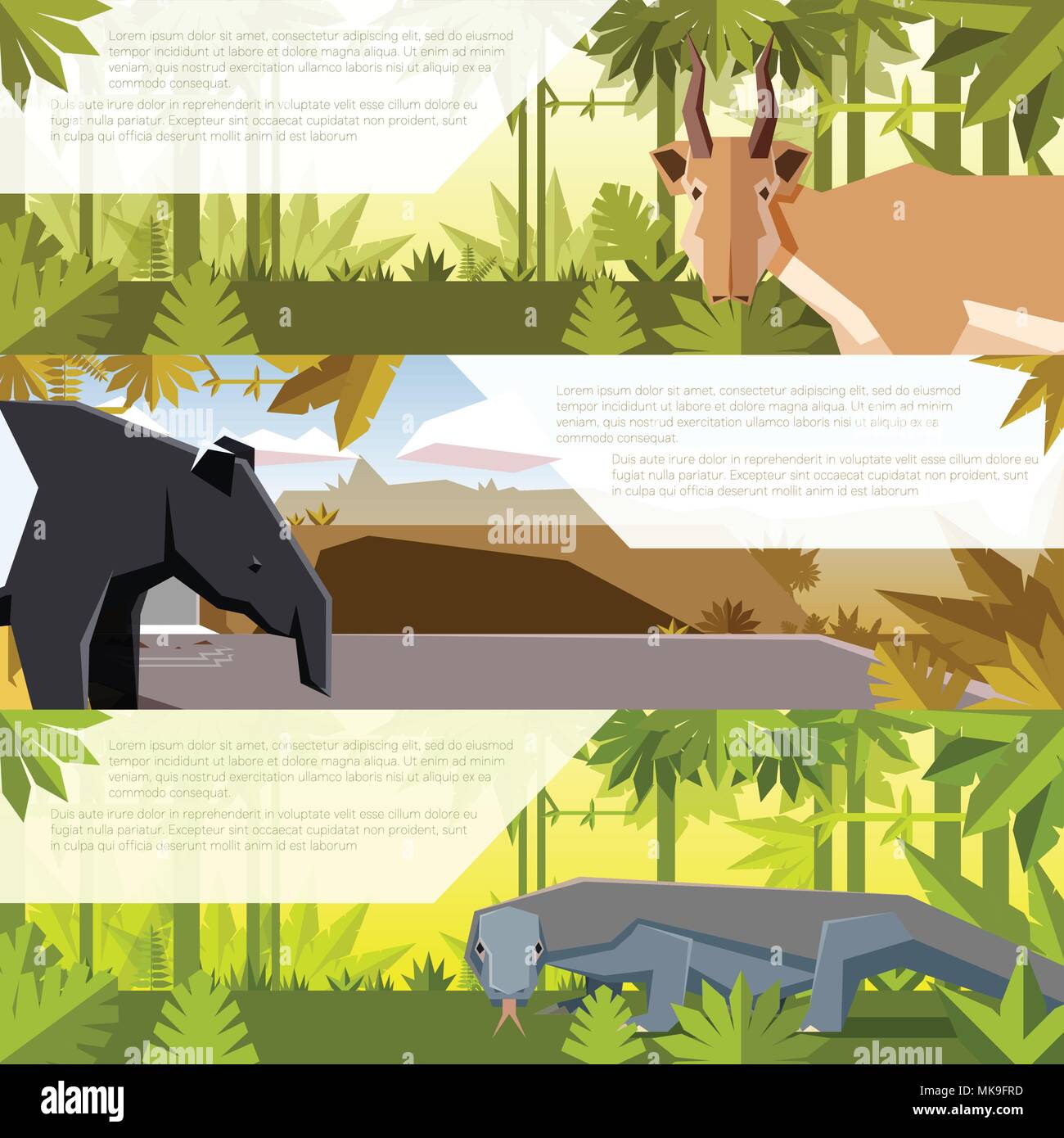 Vector image of the Set of flat banners with asian animals saiga, tapir ...