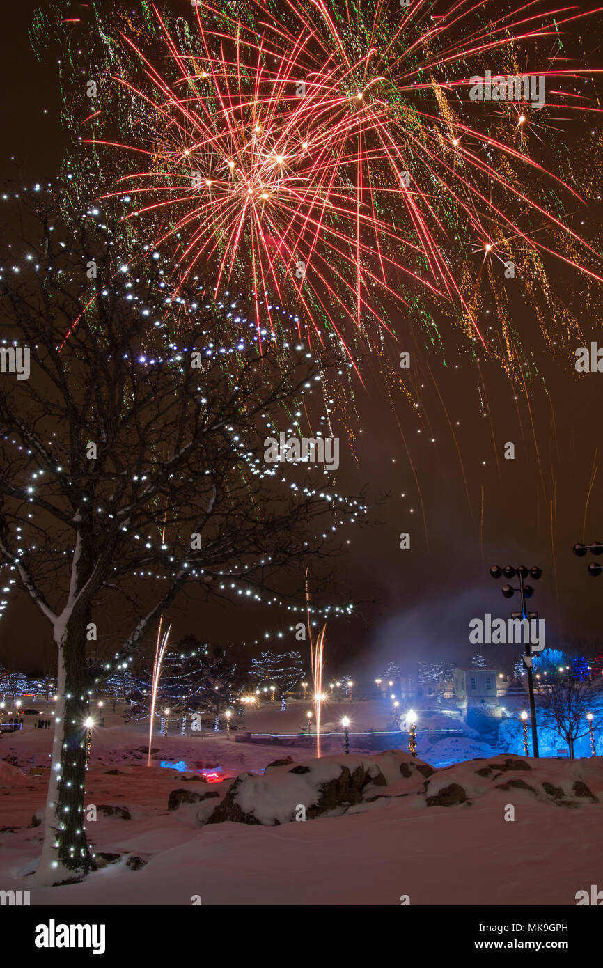 Falls Park in Sioux Falls, South Dakota lights fireworks for New Years ...