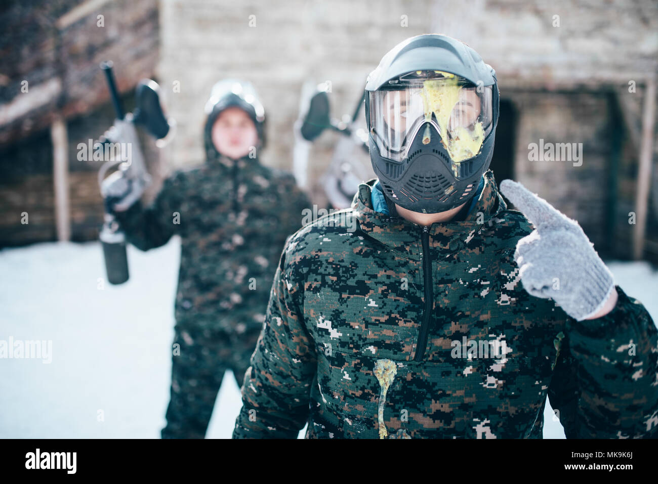 Paintball player points finger at splattered mask, team after winter ...