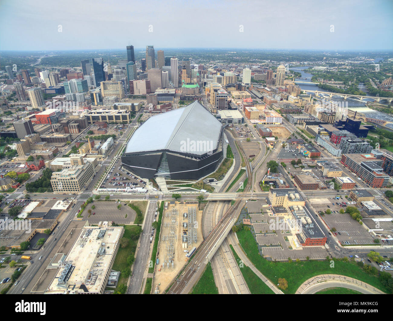 Minneapolis, Minnesota Skyline seen from above by Drone in Spring Stock ...