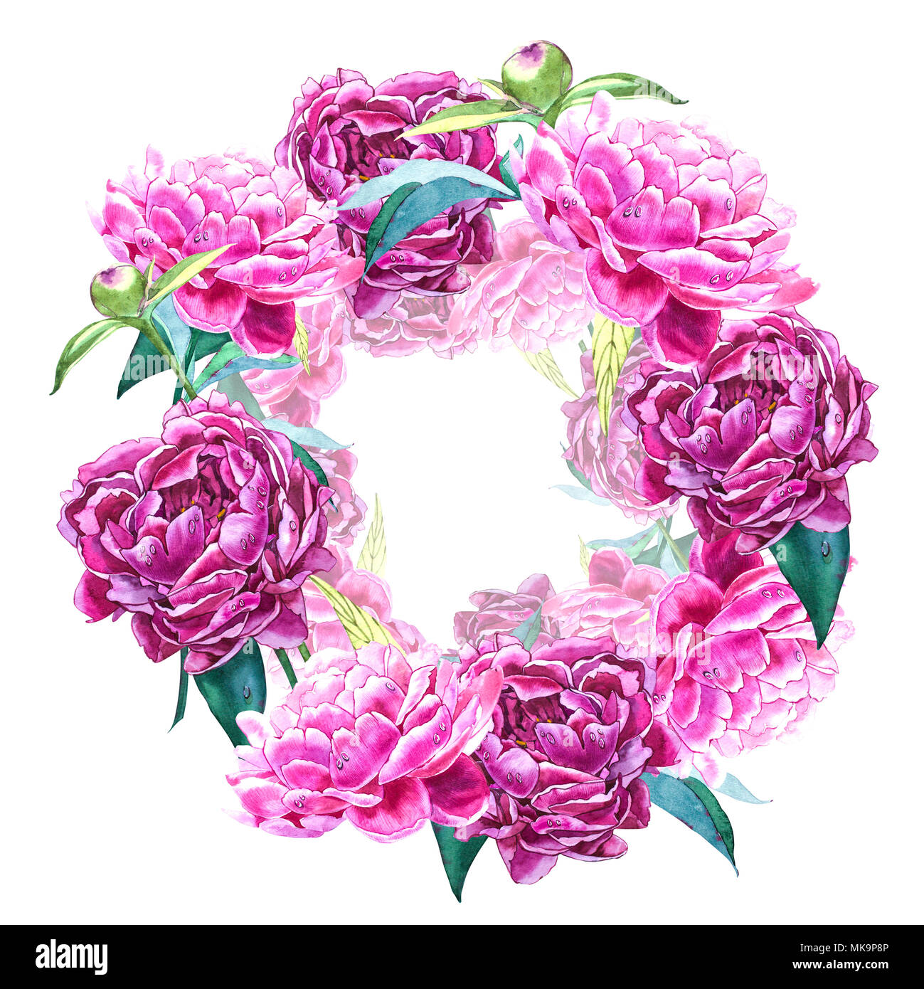Watercolor botanical illustration. Wreath border frame with peony ...