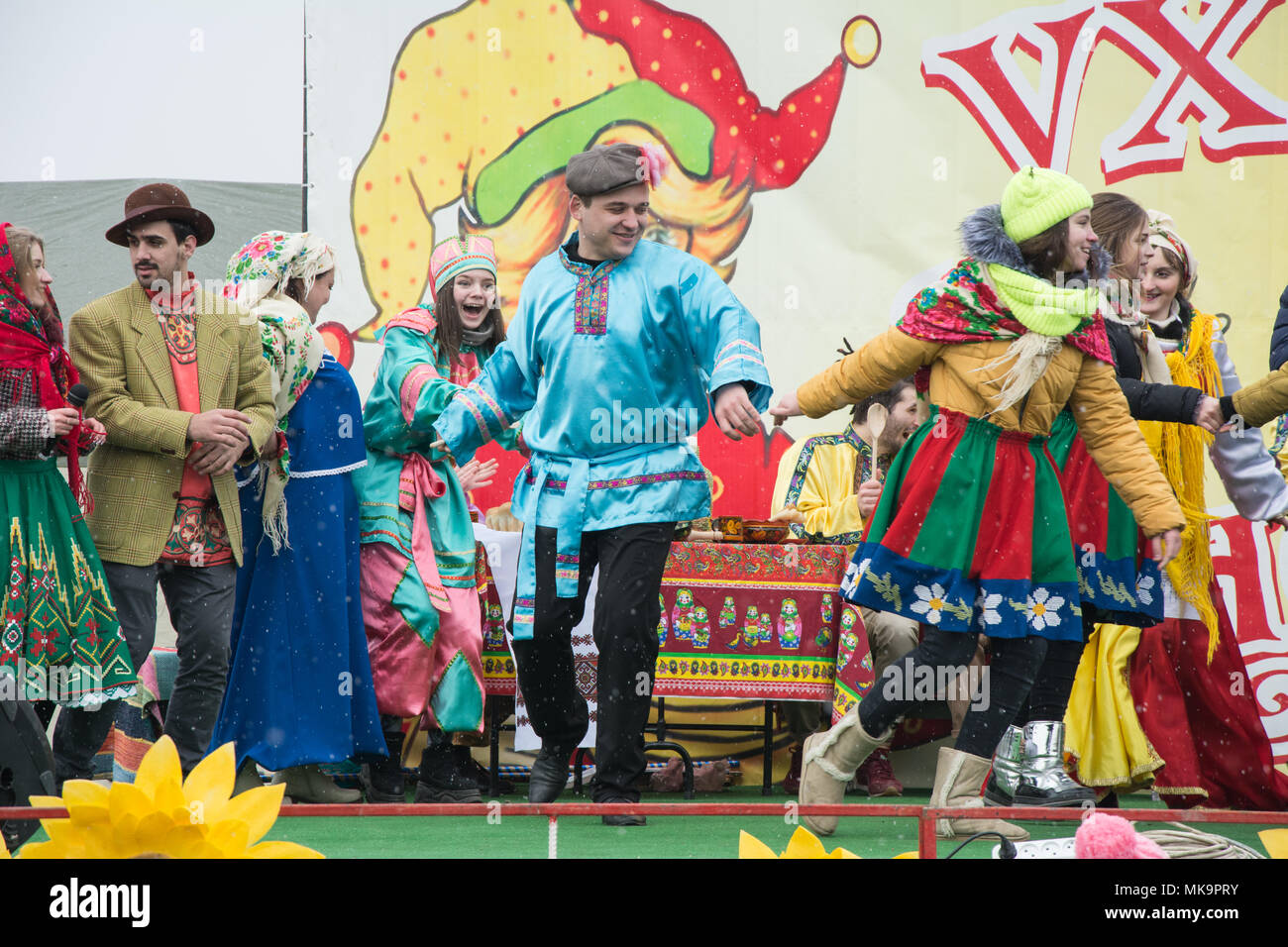 TIRASPOL, MOLDOVA - FEBRUARY 18: A group of actors dances on stage at ...