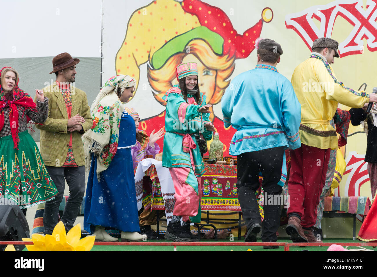 TIRASPOL, MOLDOVA - FEBRUARY 18: A group of actors dances on stage at ...