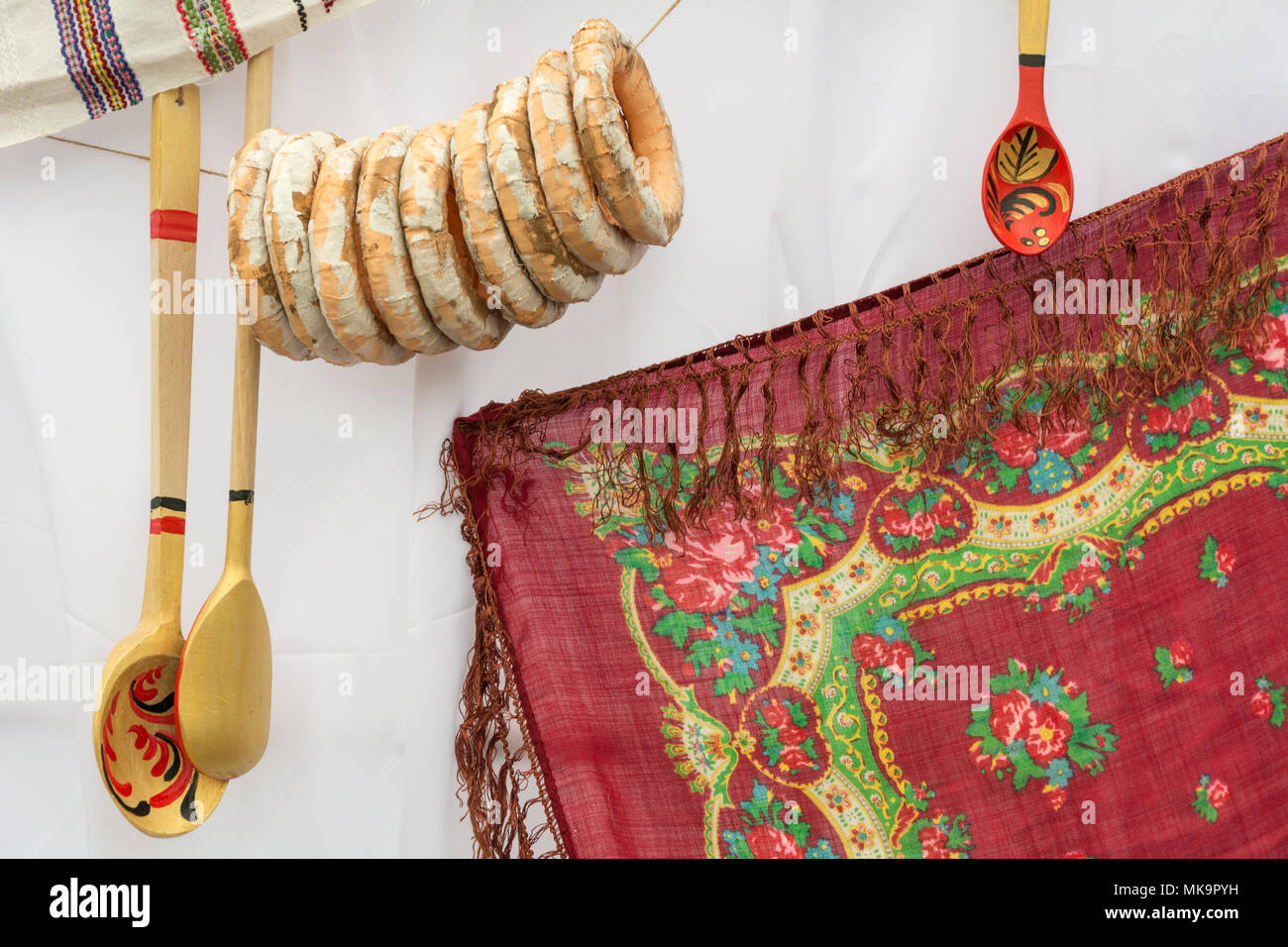 Traditional Russian handkerchief, painted wooden spoons on a white ...