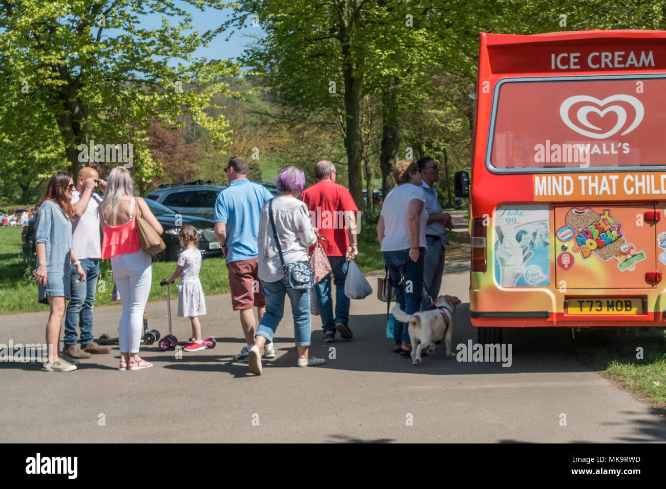 People queuing at an Ice cream van on a hot sunny day in Bridgnorth in ...