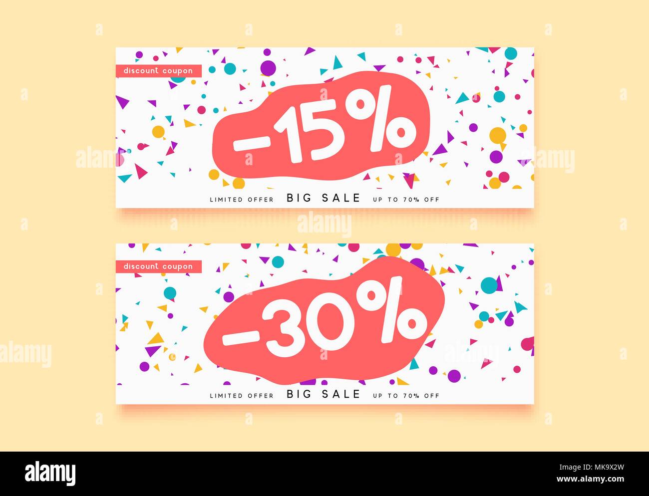 Discount voucher template design with colorful confetti tinsel. Coupon ...