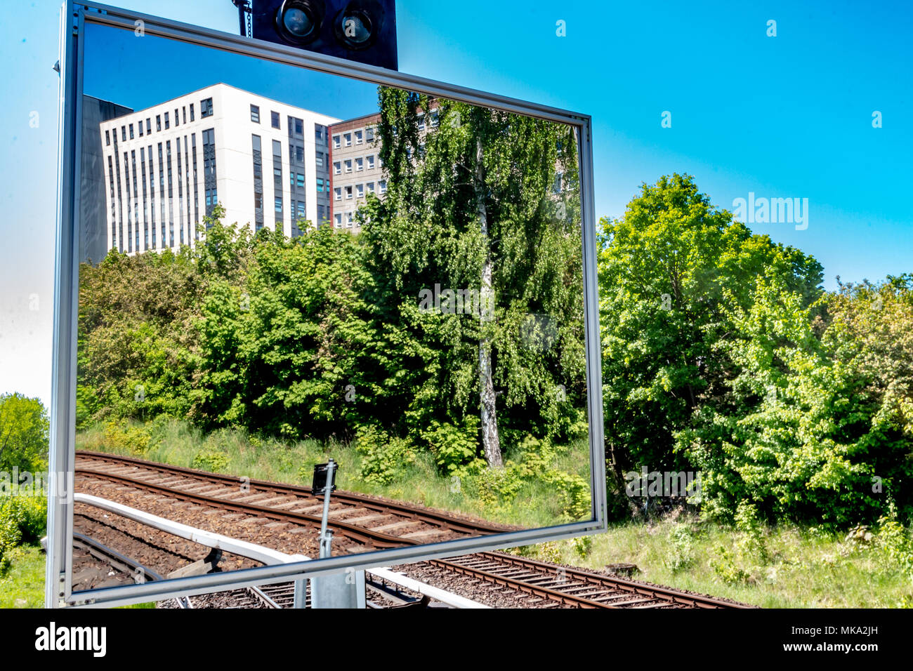 Mirror on a platform with reflecting trees an buildings Stock Photo - Alamy