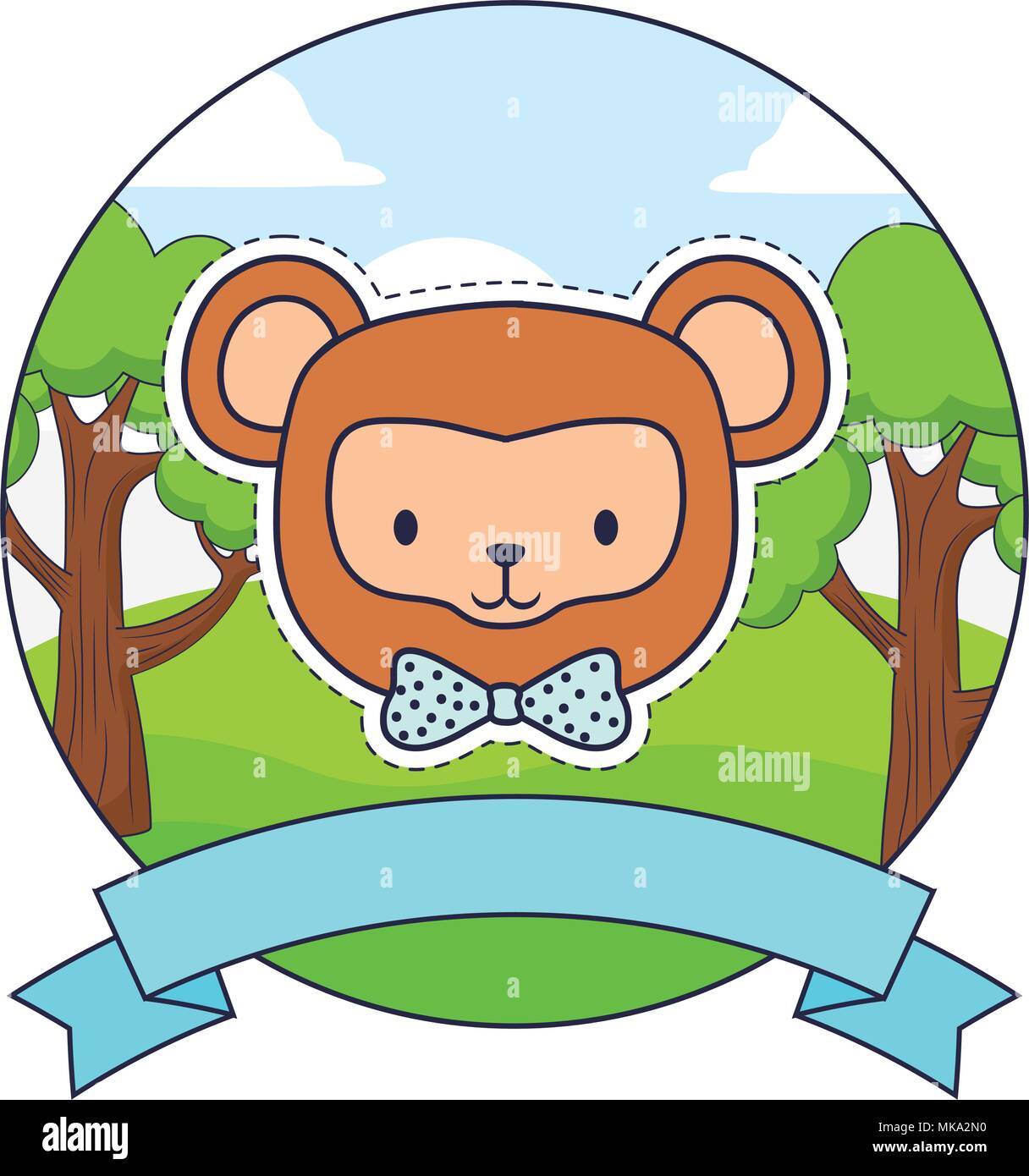 emblem with cute monkey and decorative ribbon over landscape and white ...