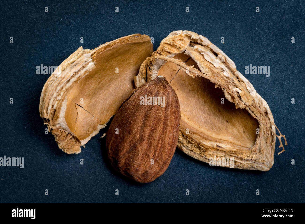 Almond and Broken Shell on black slate background Stock Photo - Alamy