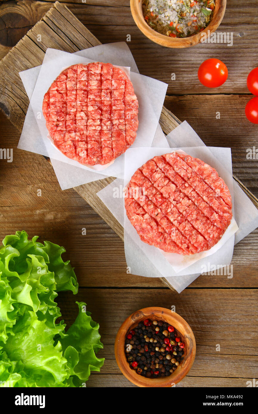 Raw minced meat for home made grill burgers cooking with spaces and ...