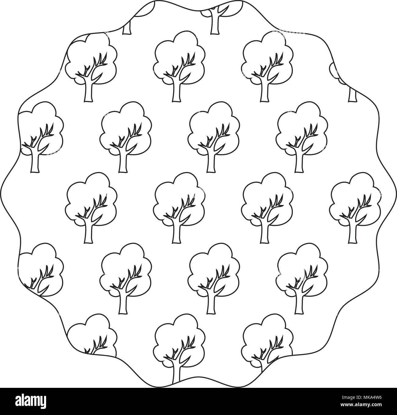 circular frame with trees pattern over white background, vector ...