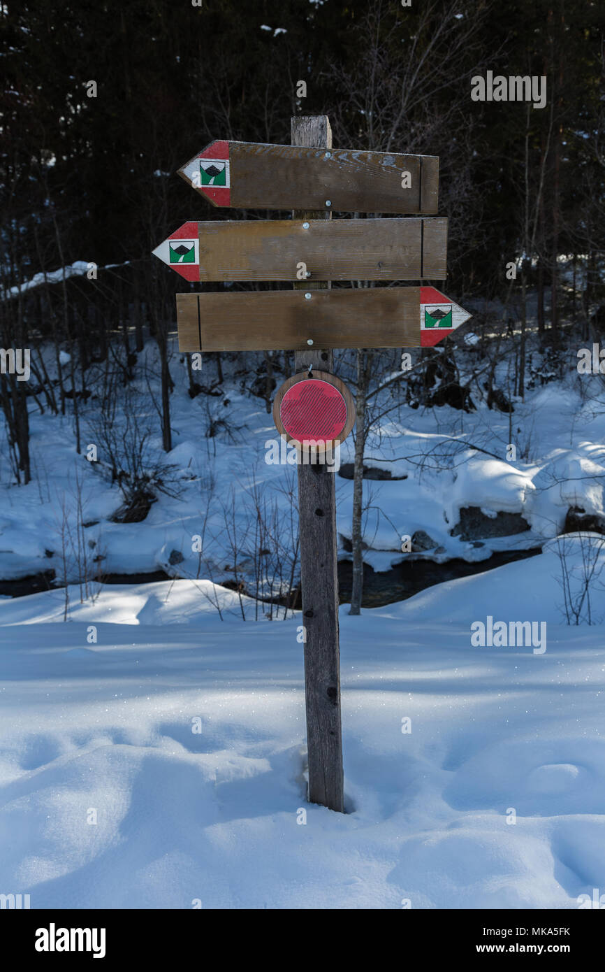 Wooden Direction Path Signs in Snow-covered Mountain Trail Stock Photo ...