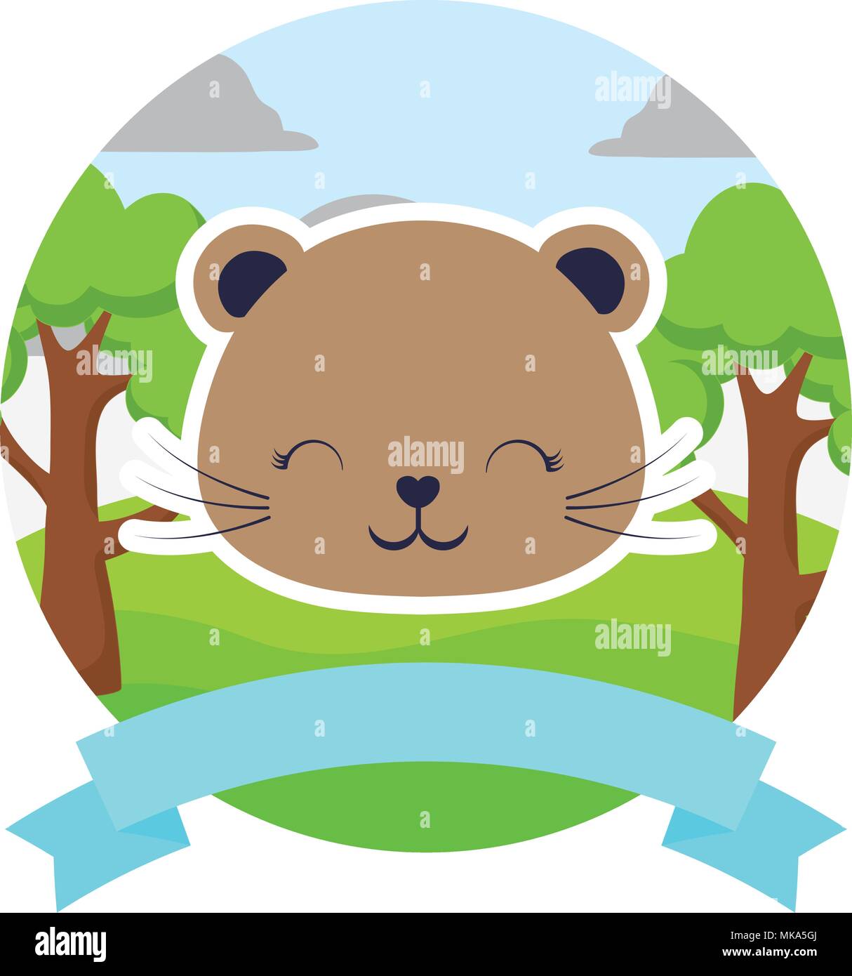 emblem with cute squirrel and decorative ribbon over landscape and ...