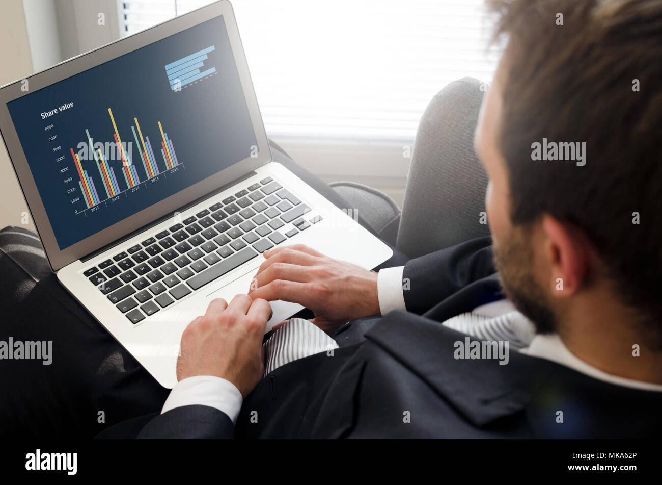 Analyst working with laptop. Computer statistics and diagrams concept ...