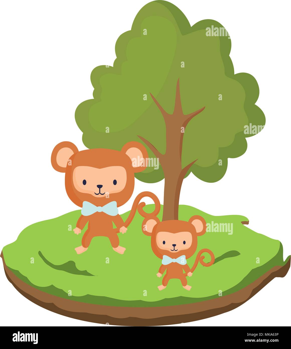 cute monkeys around a tree over white background, colorful design ...