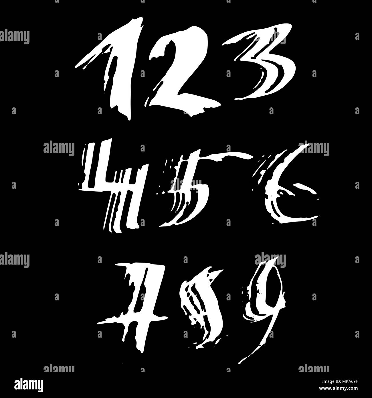 Set of calligraphic ink numbers. Textured brush lettering. Vector ...